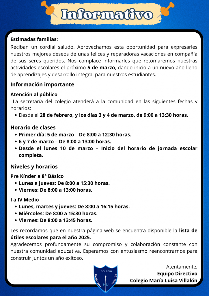 Informativo Textos Escolares 2025 – Colegio María Luisa Villalón